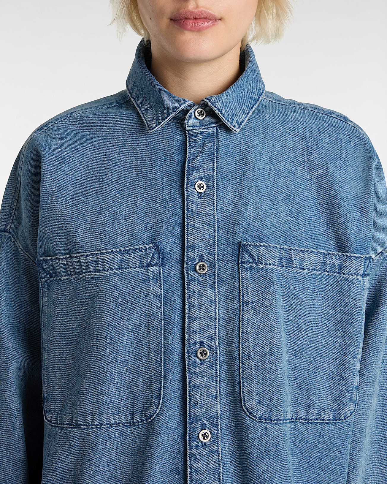 Antica Boxy Denim Long Sleeve Woven Shirt in Blue| Vans UK